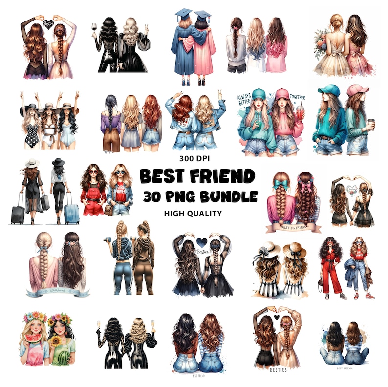 Girly Besties Clipart PNG Bundle – Friendship Illustrations (digital ...