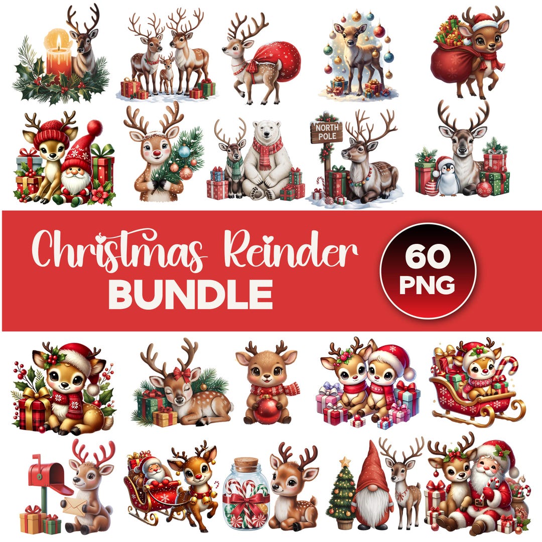 Christmas Reindeer Clipart Bundle: 60 PNG Graphics (digital Download ...
