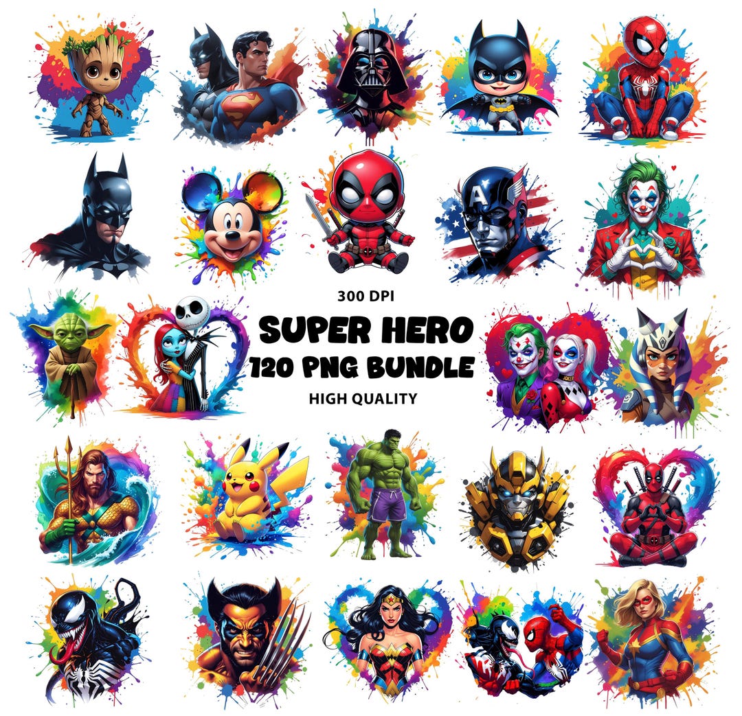 Superhero & Movie Character PNG Bundle: 120 Splash Designs (digital ...
