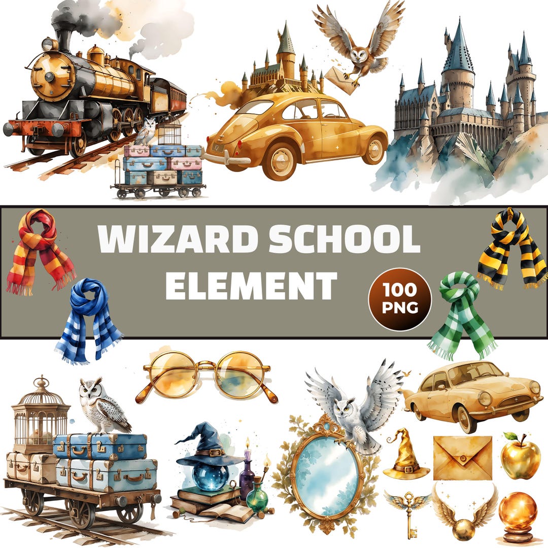 Watercolor Wizard School Clipart Bundle: 100 Magic Elements (digital ...