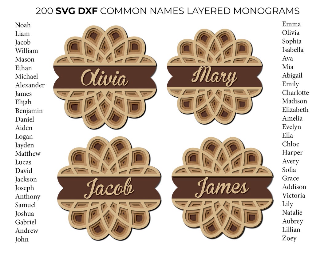 200 SVG DXF Common Names 5 Layered Monogram 3d Laser Cut Paper Wood ...