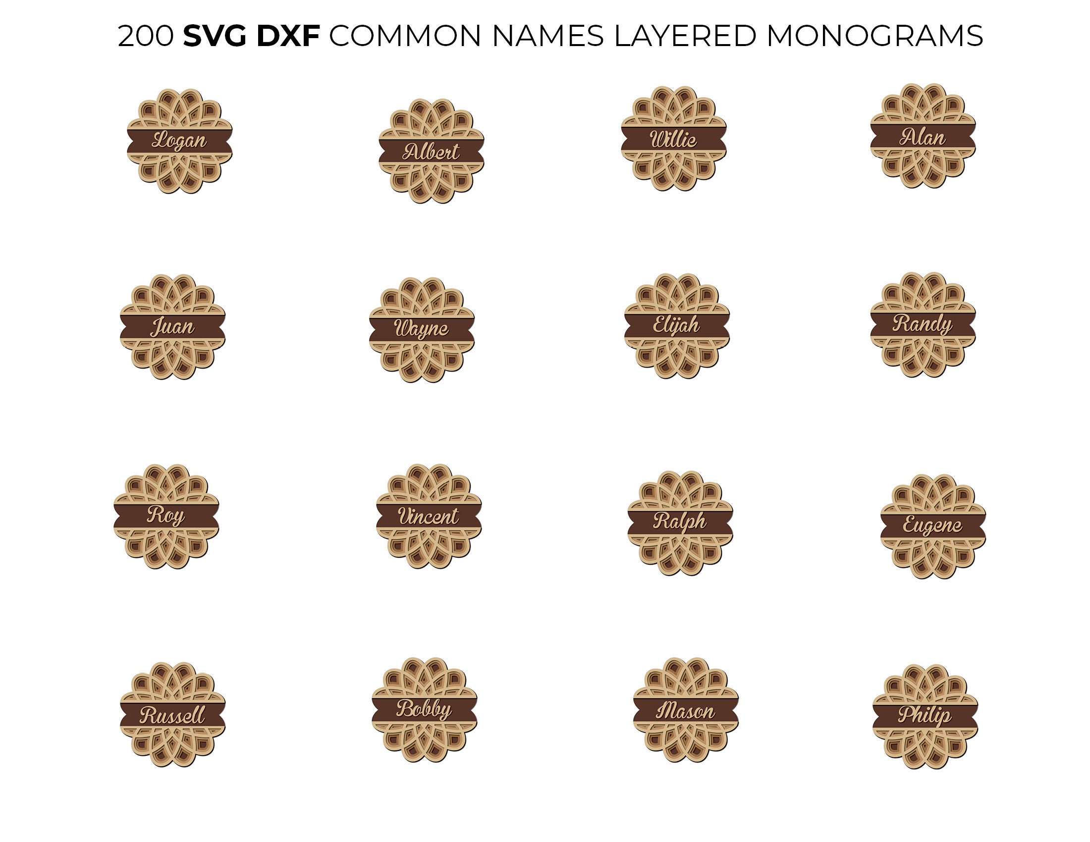 200 SVG DXF Common Names 5 Layered Monogram 3d Laser Cut Paper Wood ...