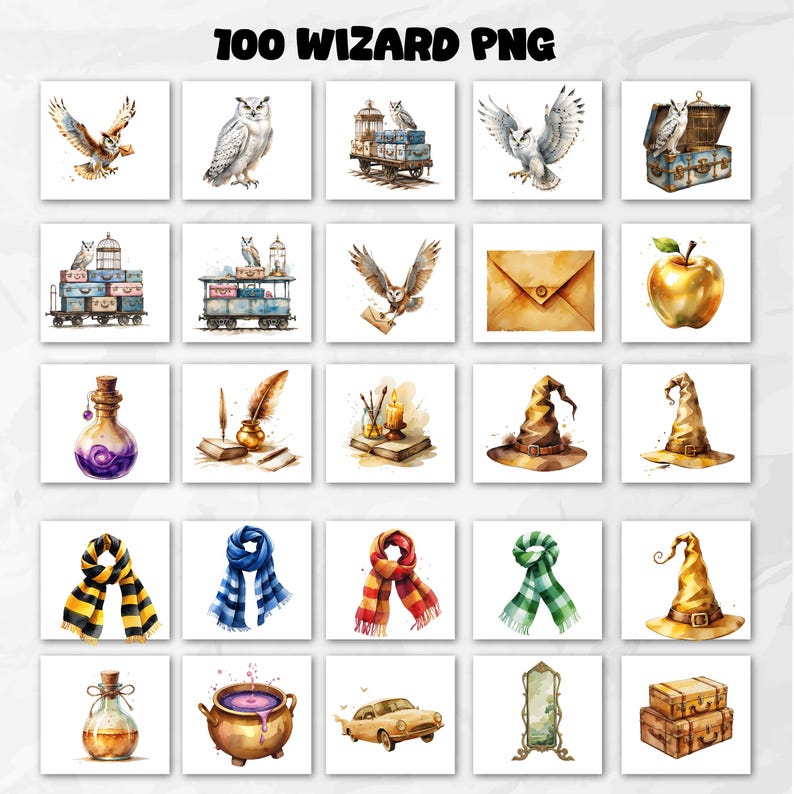 Watercolor Wizard School Clipart Bundle: 100 Magic Elements (digital ...