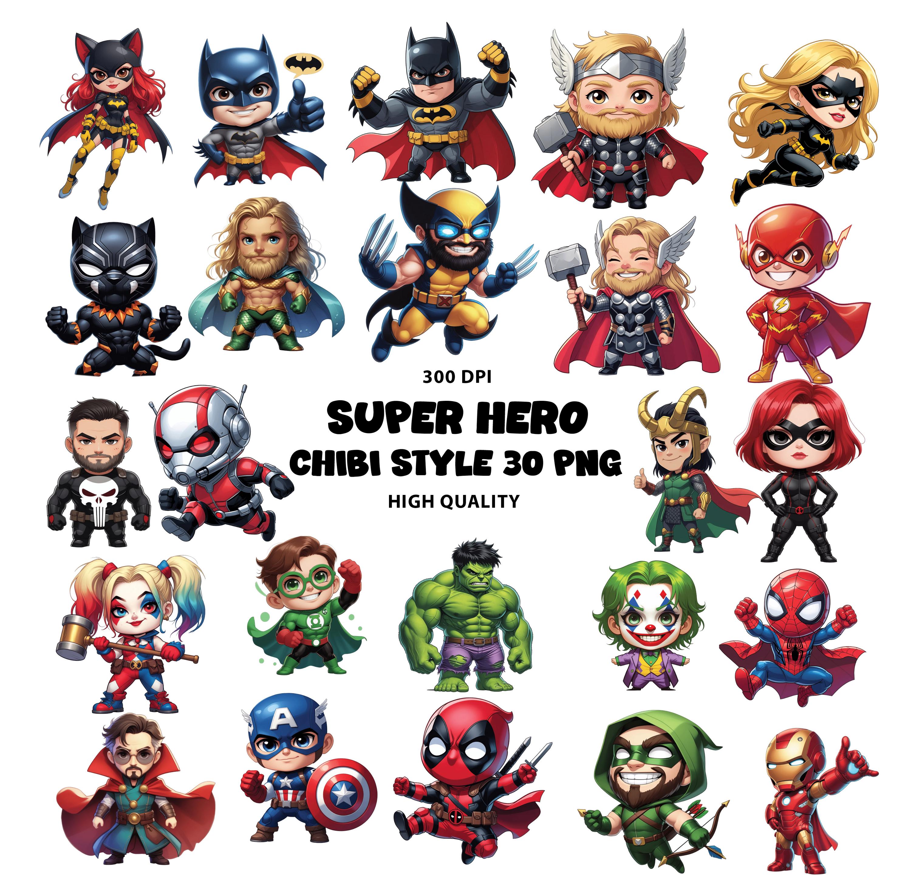 Chibi Super Hero Boy Clipart Bundle: 30 PNG Comic Hero Art (digital ...