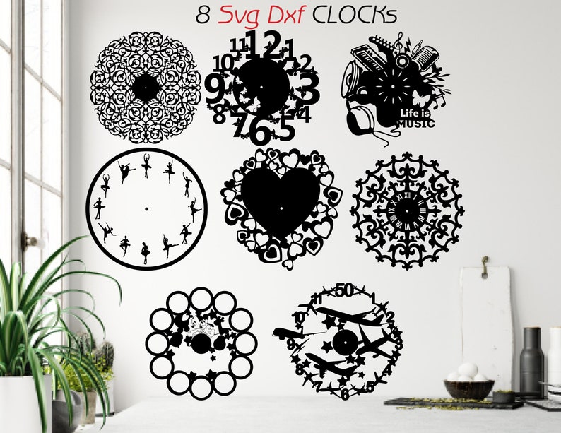 8 SVG DXF Wall Clocks File Bundle for Laser Cutting Machine Wood Wall ...