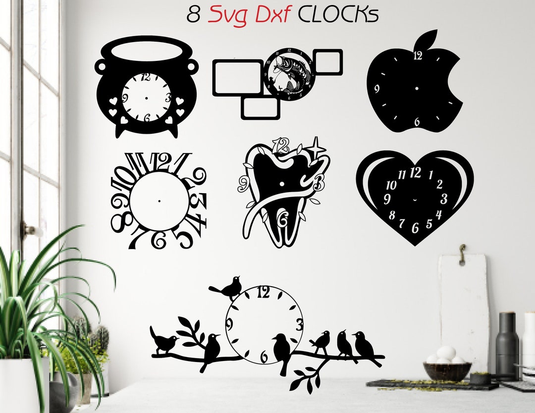 8 SVG DXF Wall Clocks File Bundle for Laser Cutting Machine Wood Wall ...