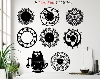 8 SVG DXF Animal Wall Clocks Bundle for Laser Cutting Machine Wood Wall ...