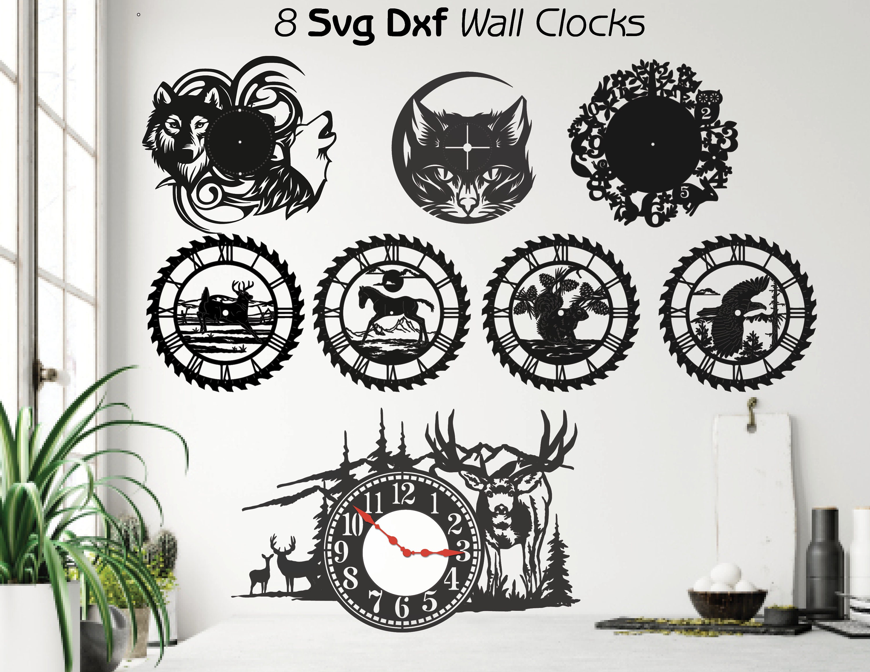8 SVG DXF Animal Wall Clocks Bundle for Laser Cutting Machine Wood Wall ...