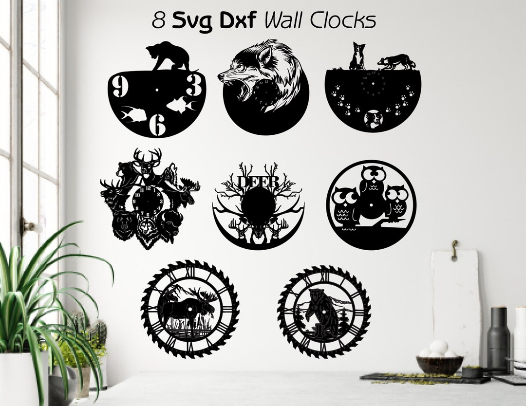 8 SVG DXF Animal Wall Clocks Bundle for Laser Cutting Machine Wood Wall ...