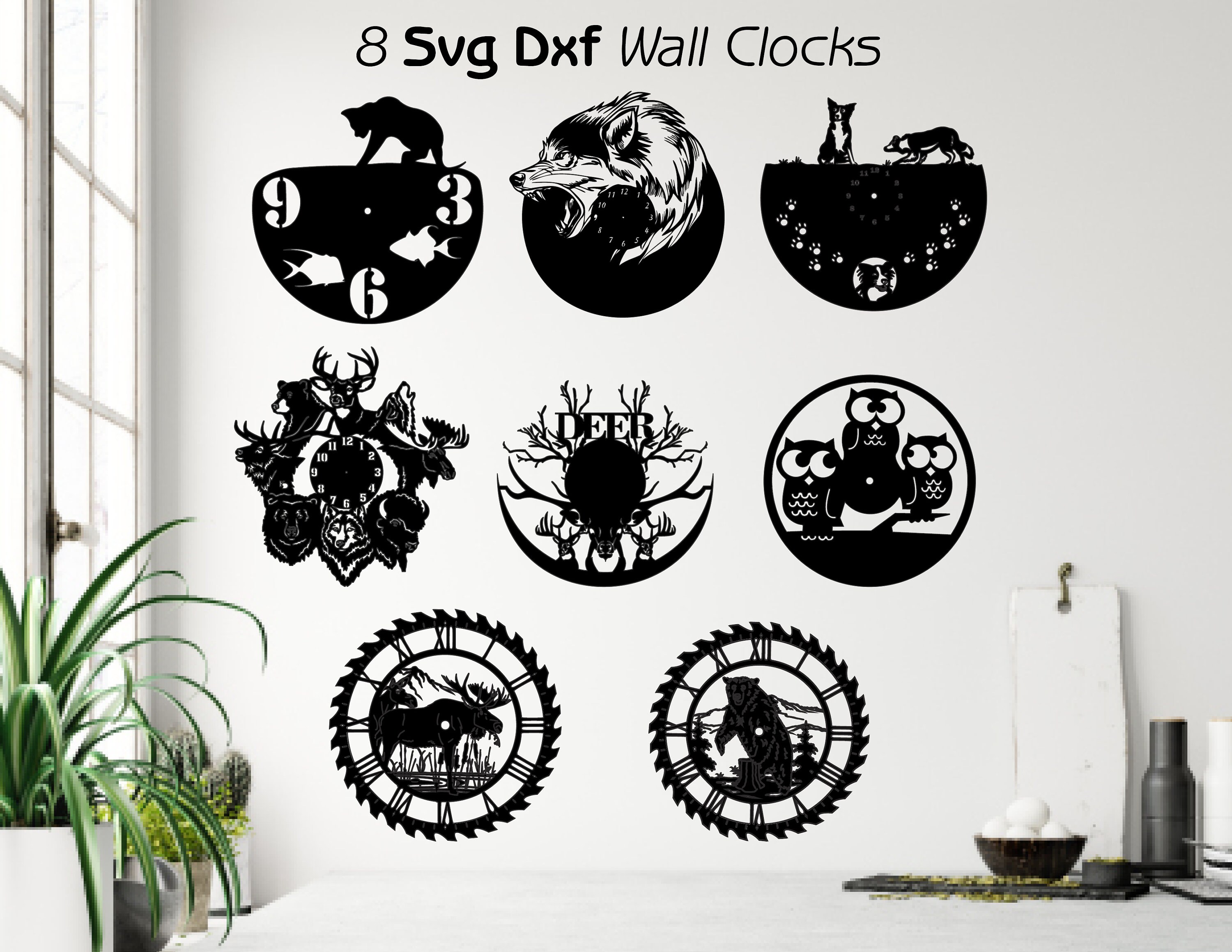 8 SVG DXF Animal Wall Clocks Bundle for Laser Cutting Machine Wood Wall ...