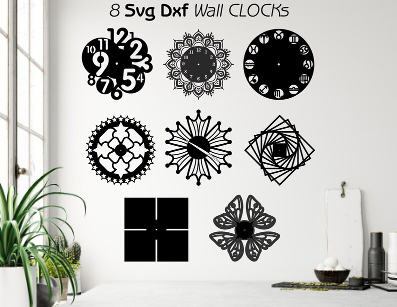 8 SVG DXF Wall Clocks Bundle for Laser Cutting Machine Wood Wall Clocks ...