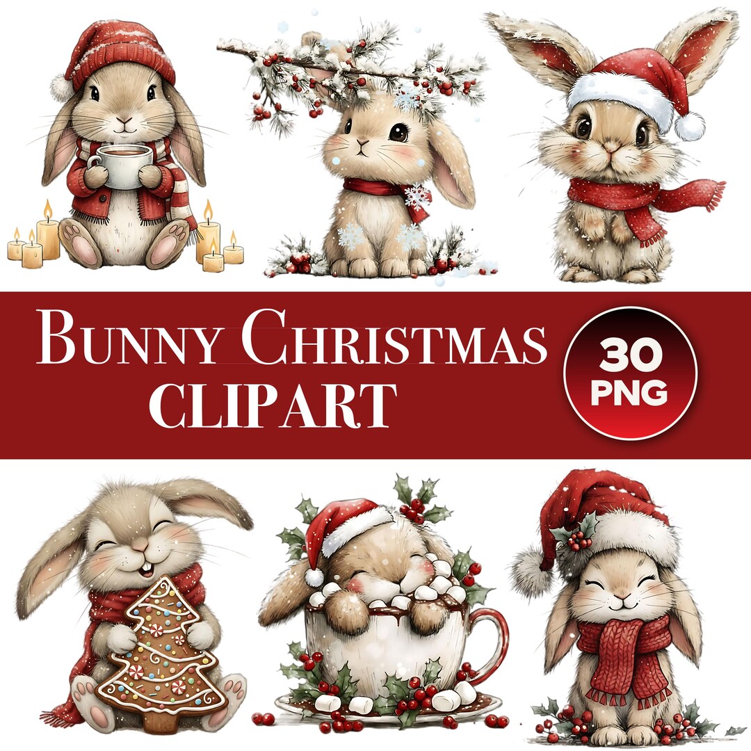 Bunny Christmas Clipart Bundle | 30 PNG Illustrations (digital Download ...
