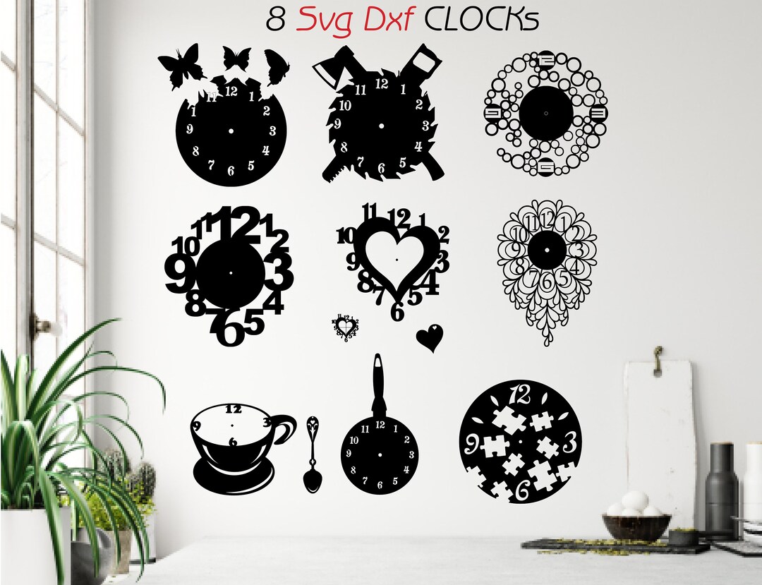 8 SVG DXF Wall Clocks Bundle for Laser Cutting Machine Wood Wall Clocks ...