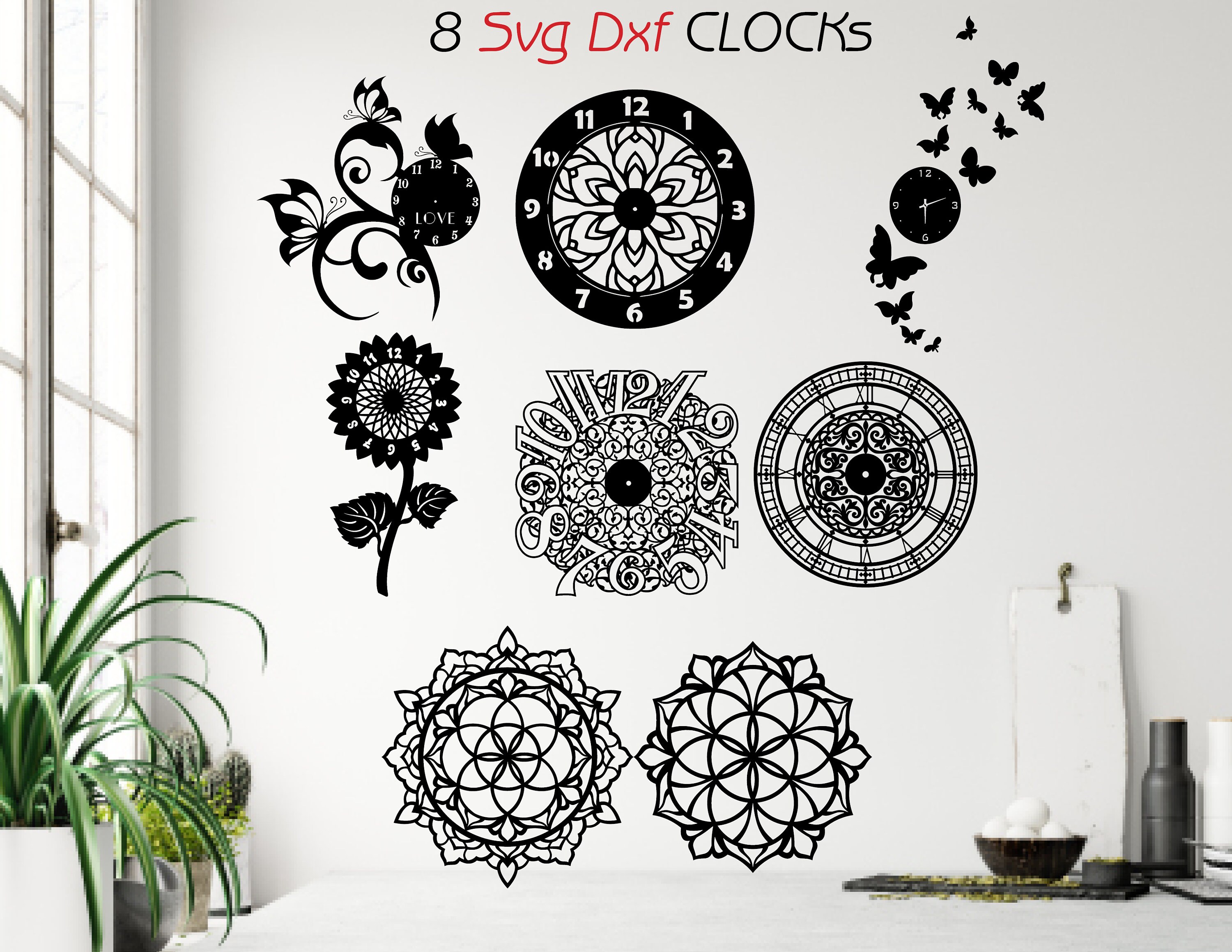 8 SVG DXF Wall Clocks File Bundle for Laser Cutting Machine Wood Wall ...