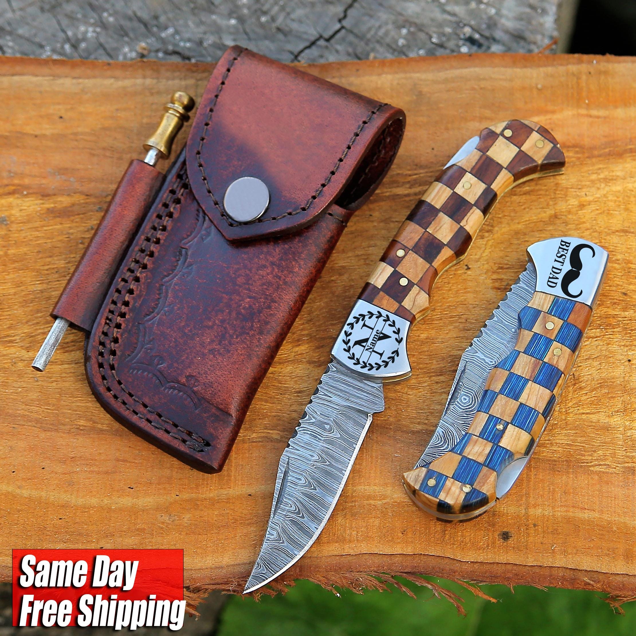 Premium Damascus Pocket Knife Olive & Green Handle Birthday Gift ...