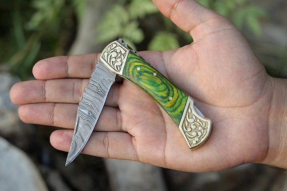 Handmade Damascus Pocket Knife Green Dollar Sheet Handle - Etsy