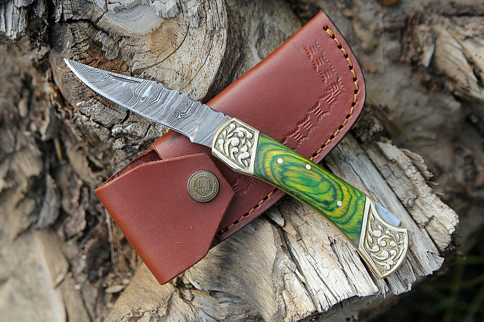 Handmade Damascus Pocket Knife Green Dollar Sheet Handle - Etsy