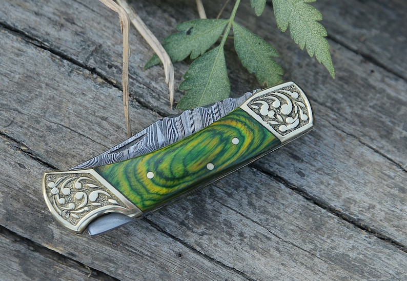 Handmade Damascus Pocket Knife Green Dollar Sheet Handle - Etsy