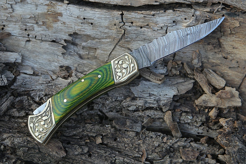 Handmade Damascus Pocket Knife Green Dollar Sheet Handle - Etsy