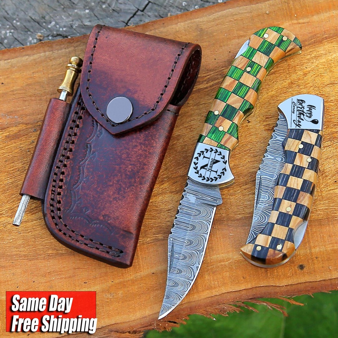 Premium Damascus Pocket Knife Olive & Green Handle Birthday Gift ...
