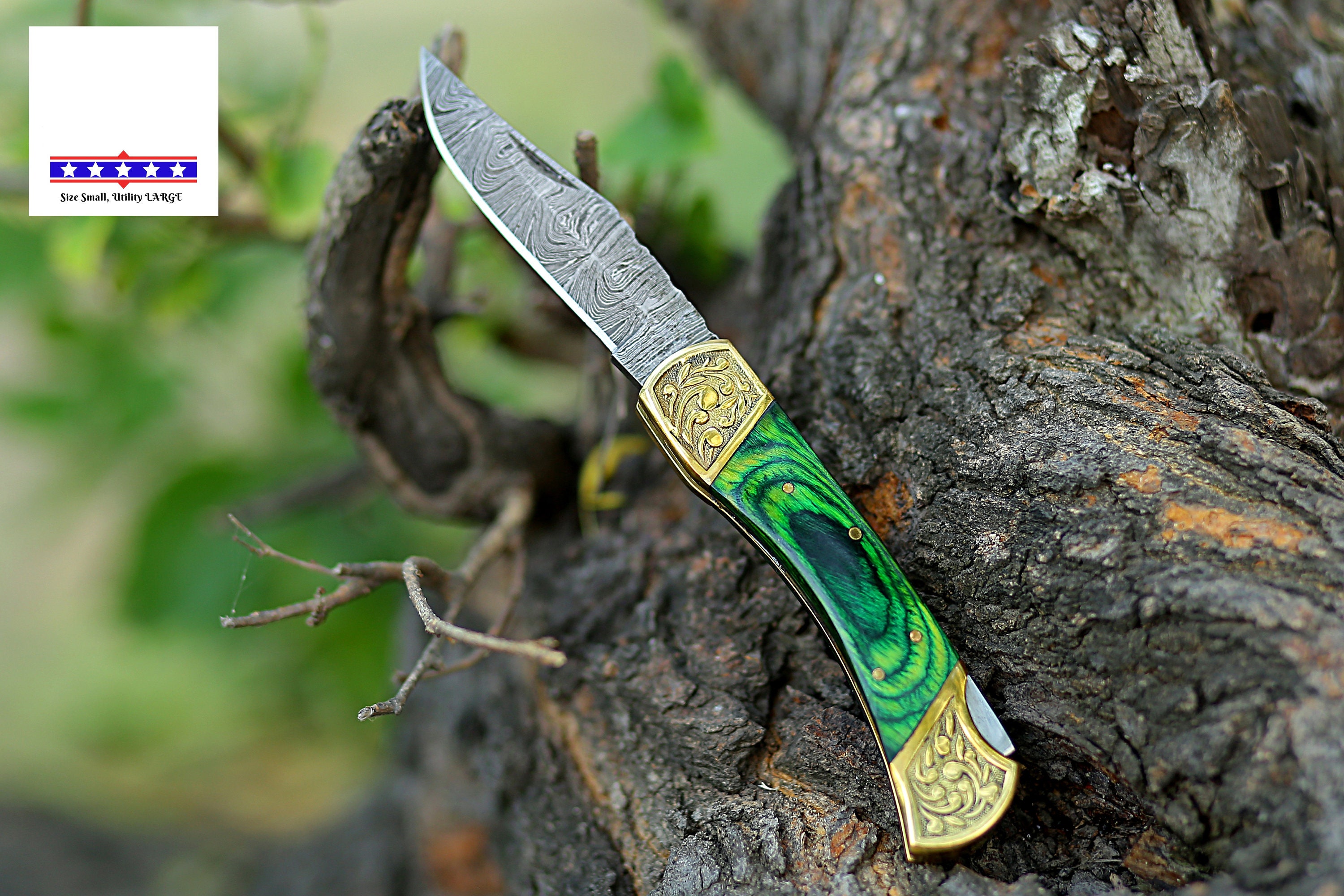 Handmade Damascus pocket knife green dollar sheet handle | Etsy