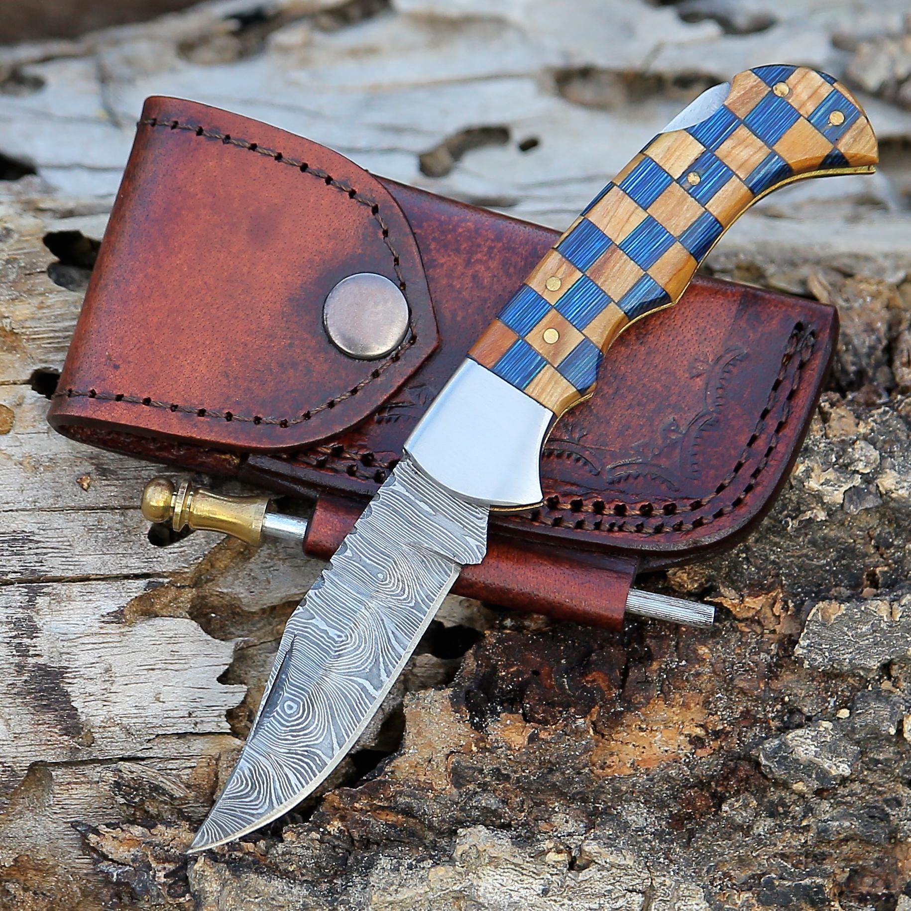 Premium Damascus Pocket Knife Olive & Green Handle Birthday Gift ...