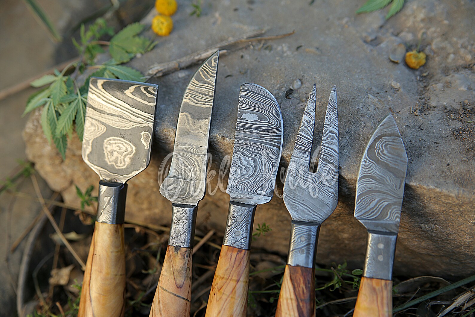 Handmade Damascus Cheese Knife Set of 5 Pcs With Olivewood Handle ...