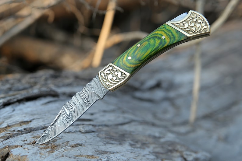 Handmade Damascus Pocket Knife Green Dollar Sheet Handle - Etsy