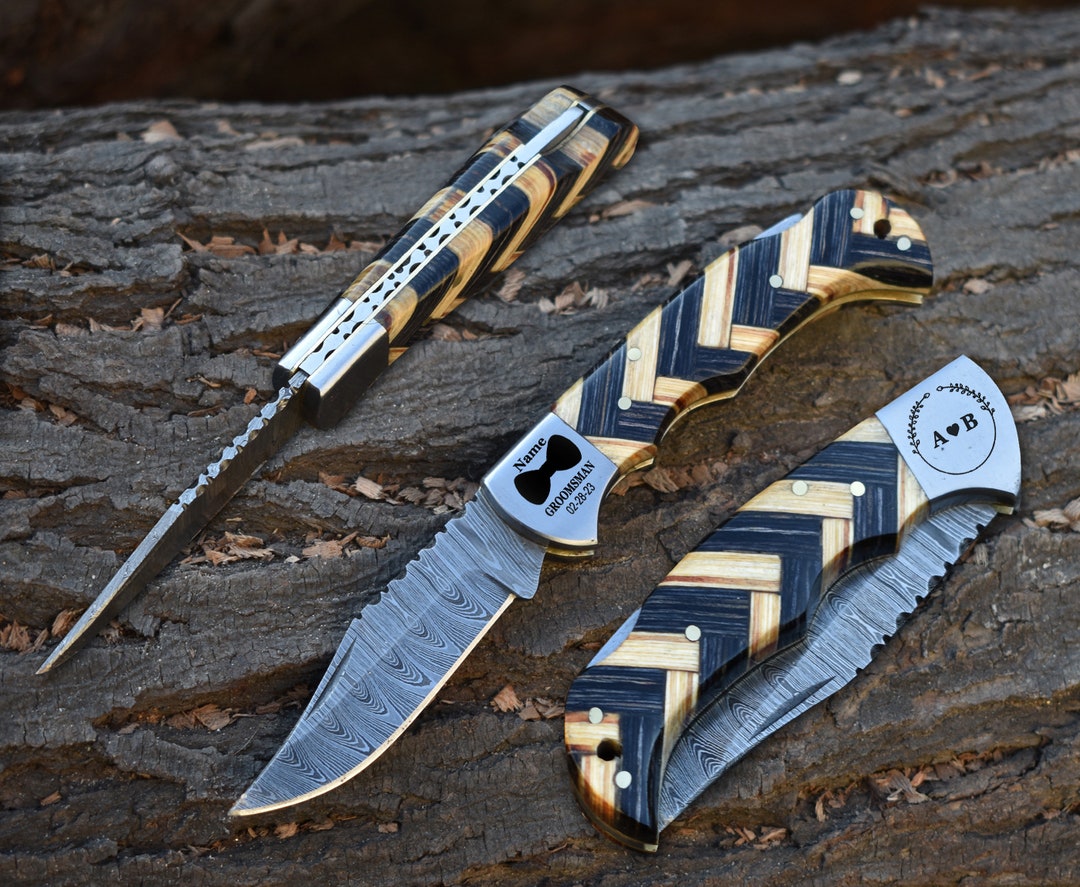 Handmade Damascus Pocket Knife Cow Wood Handle Birthday Gift Folding ...