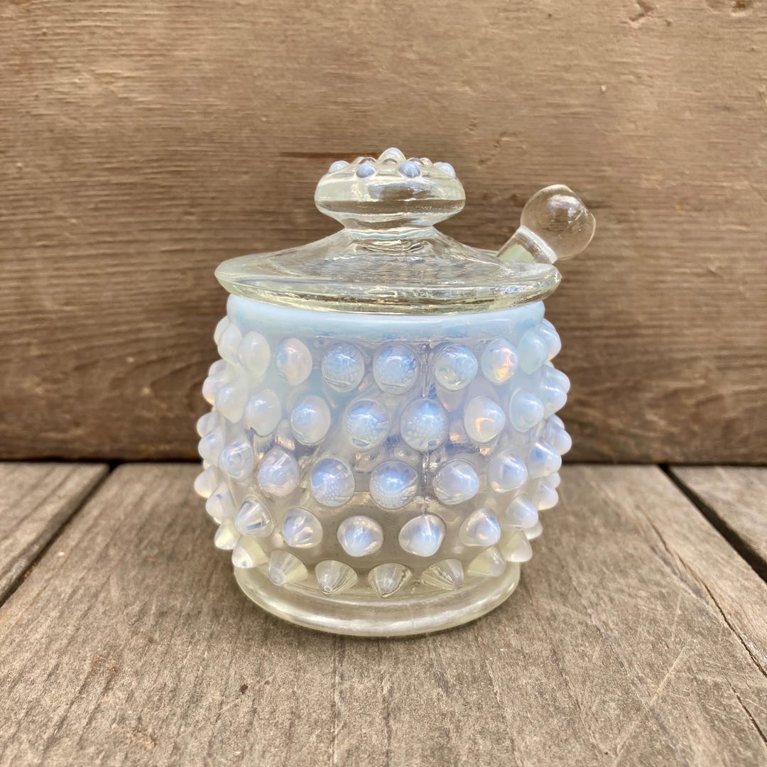 Fenton Moonstone Hobnail Mustard Jar – 1940s Opalescent Glass, Vintage ...