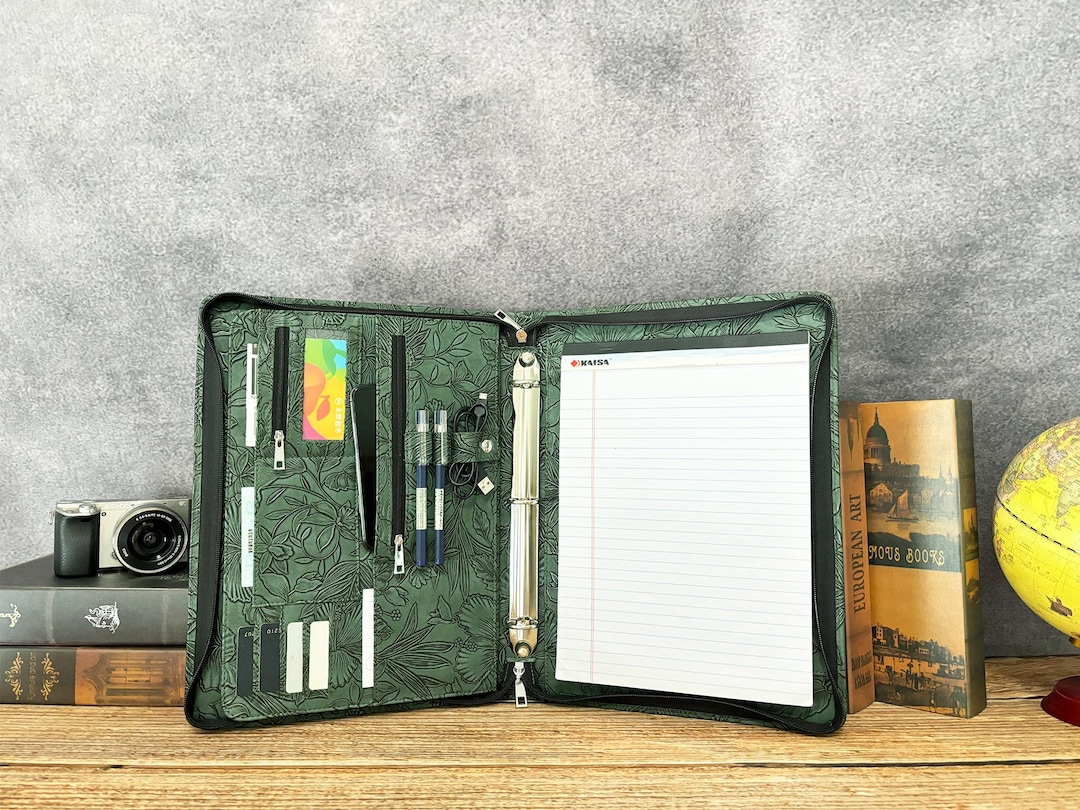 Embrossed Leather Portfolio for Women, Dark Green Leather Padfolio ...