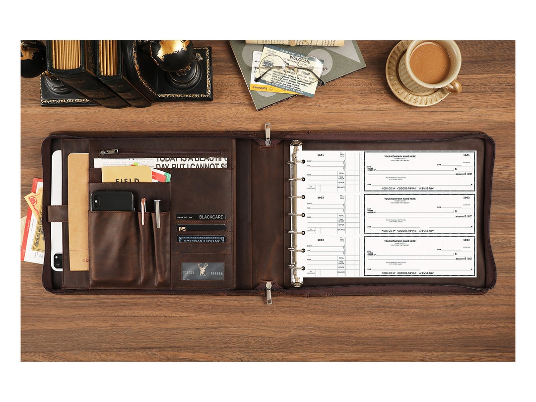Leather Check Book Portfolio for Men, 9x13 Document Organizer Folder, 7 ...