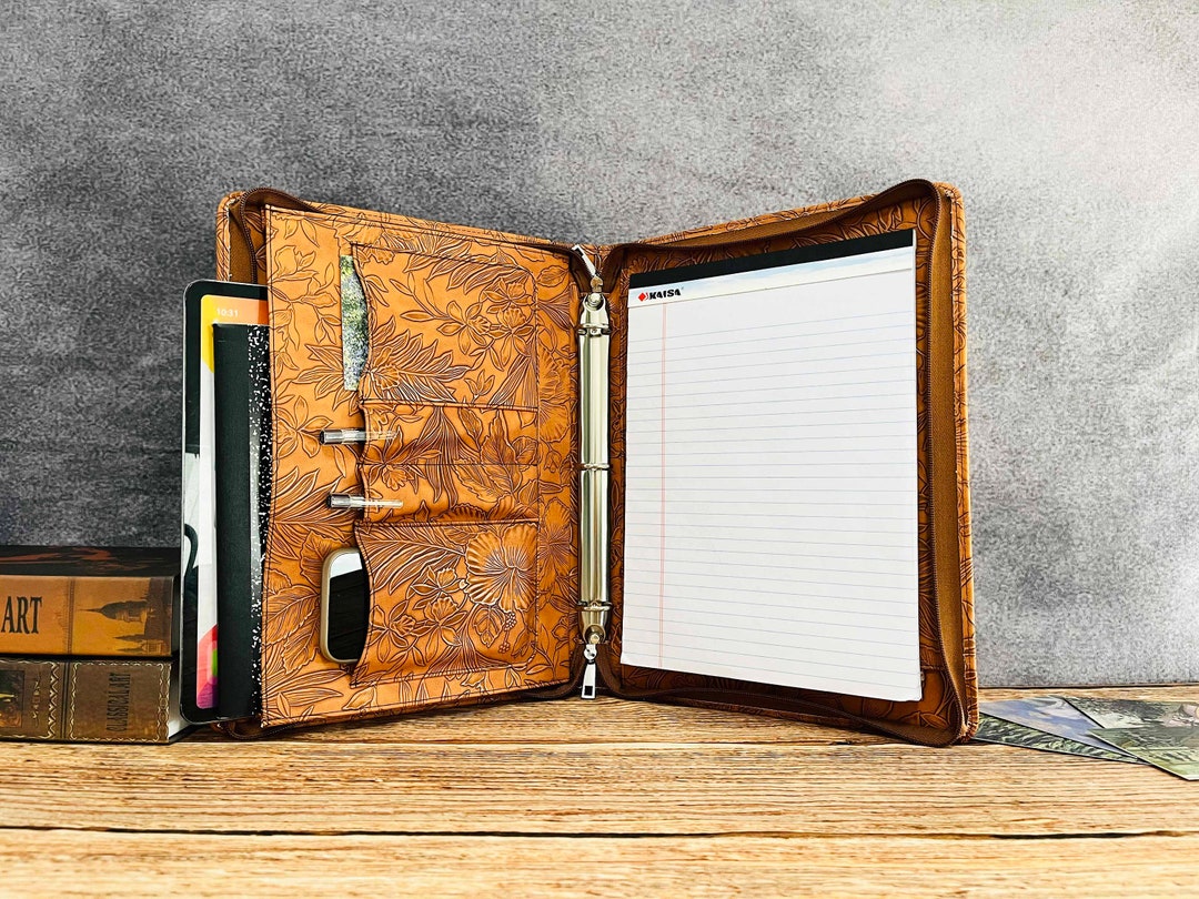 Embossed Brown Leather Portfolio, Left-handed Leather Folder, 3-ring ...