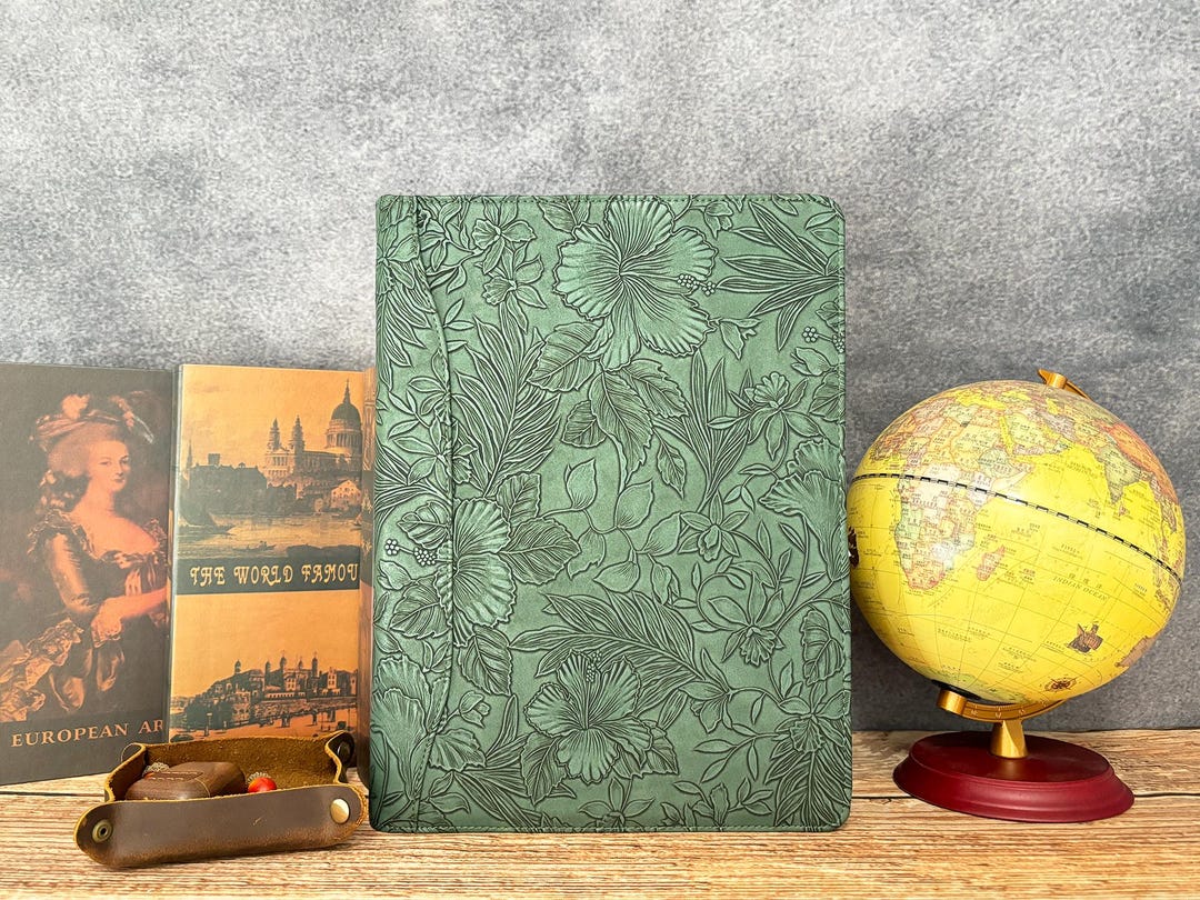 Embrossed Leather Portfolio for Women, Dark Green Leather Padfolio ...