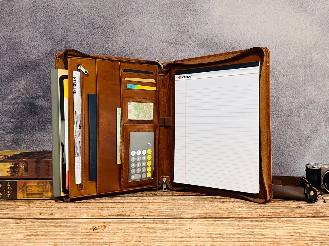 Personalized Leather Portfolio, A4 Document Organizer Folder, Zippered ...