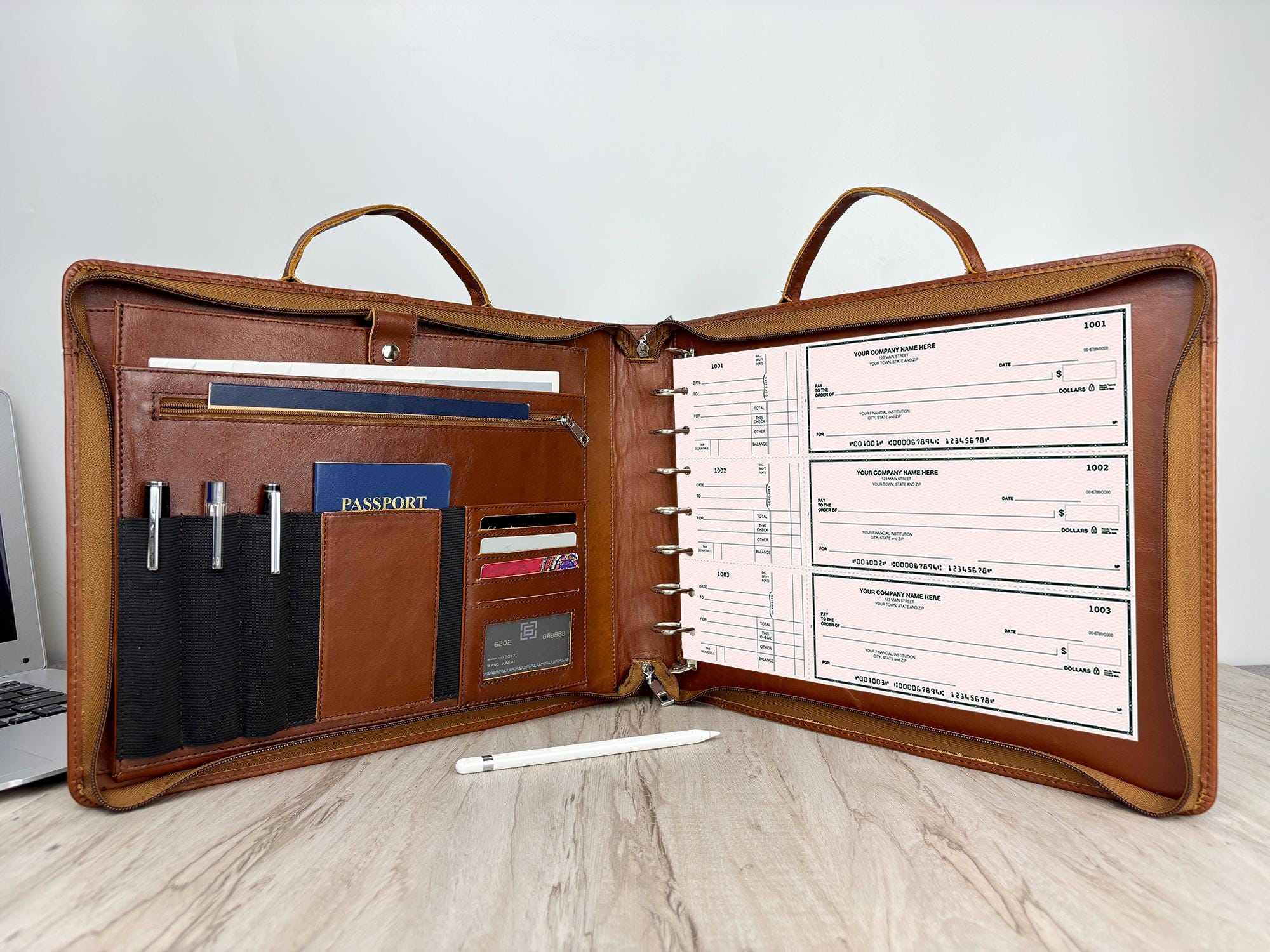Personalized Leather Checkbook Binder Portfolio for Men, 7 Ring Check ...