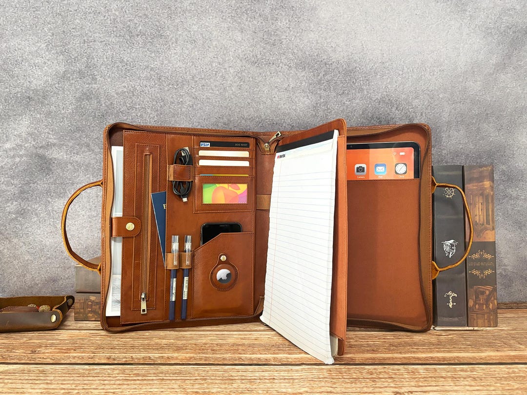 Personalized Leather Portfolio for Men, A4 Notebook Cover With Airtag ...