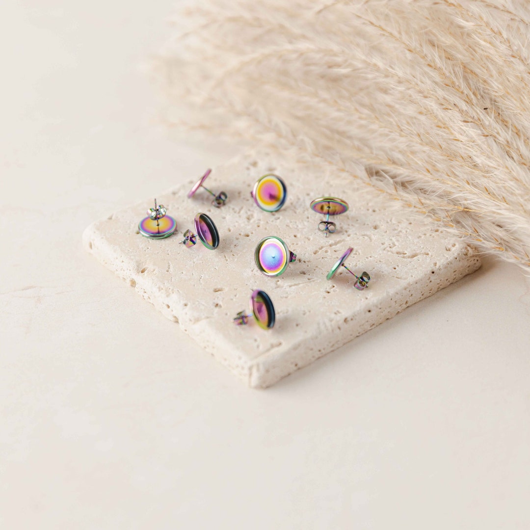 Rainbow Stud Bezels, 10mm Surgical Stainless Steel Stud Post Trays Flat ...
