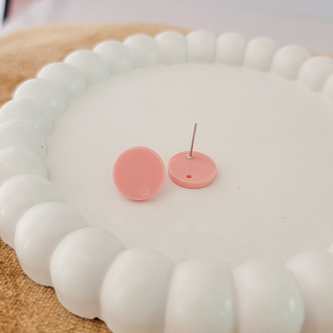 Satin Peachy Pink Acrylic Circle Stud Earring (14mm), 10 Pcs, Acrylic Stud #19, Round Post ...