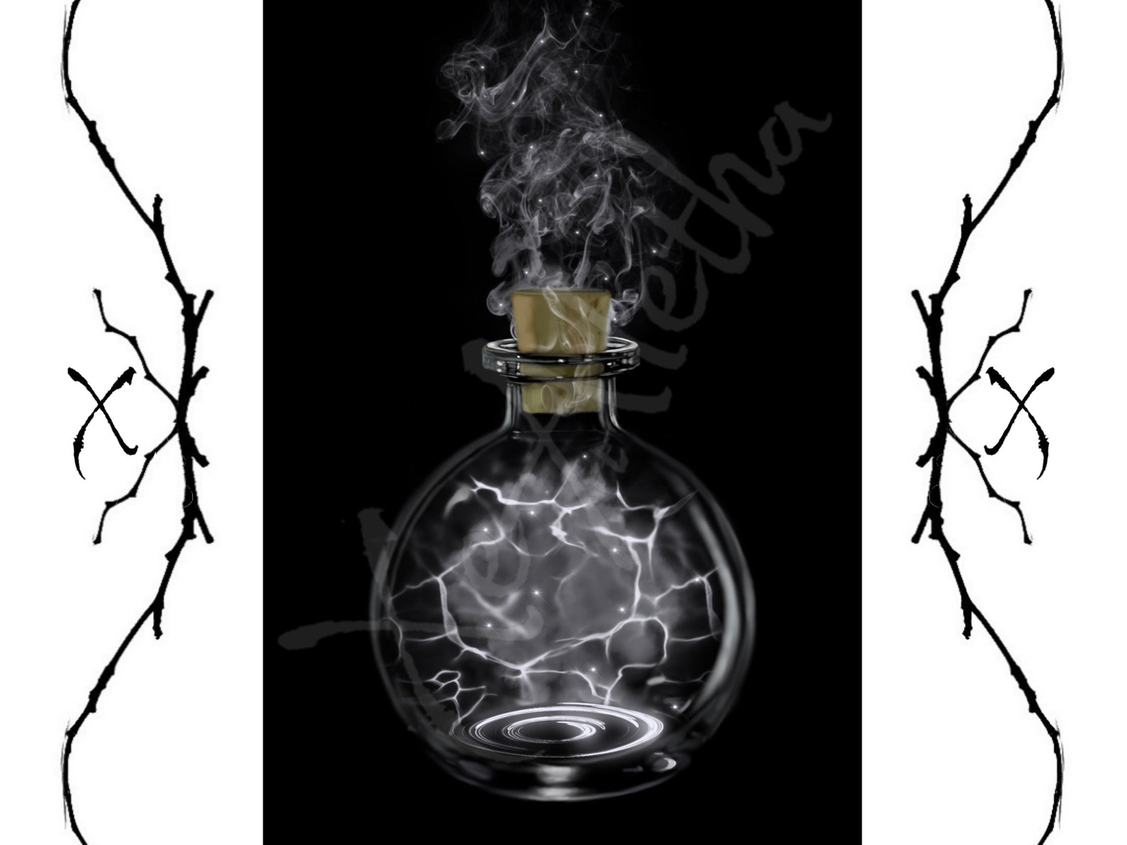 Black And White Magic Potion Bottle Art Print Witchy Smokey | Etsy