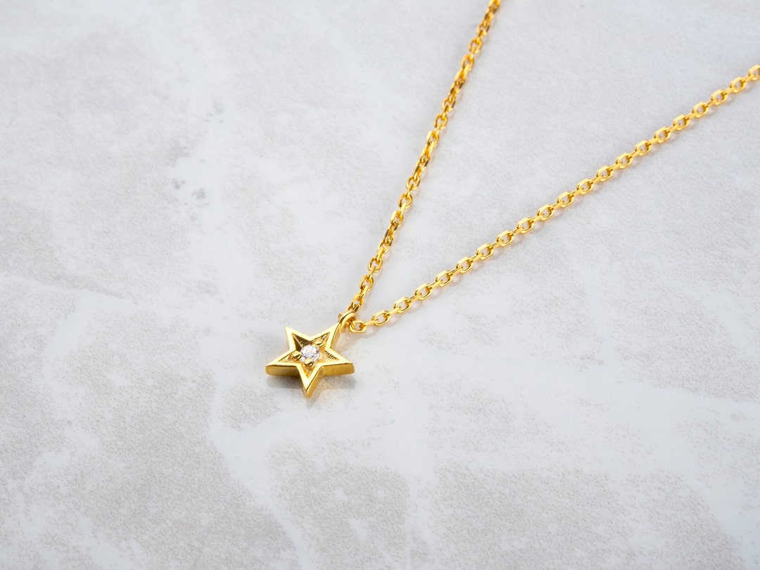 14K Gold Handmade Star Shaped Necklace With Zircon Stone, Star Jewelry ...