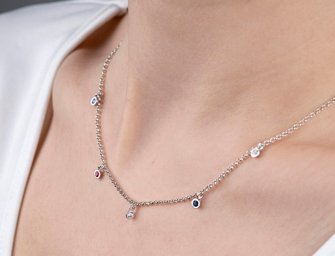 Colorful Multi Stone Gold Chain Necklace, Solid 14K Gold, Family ...