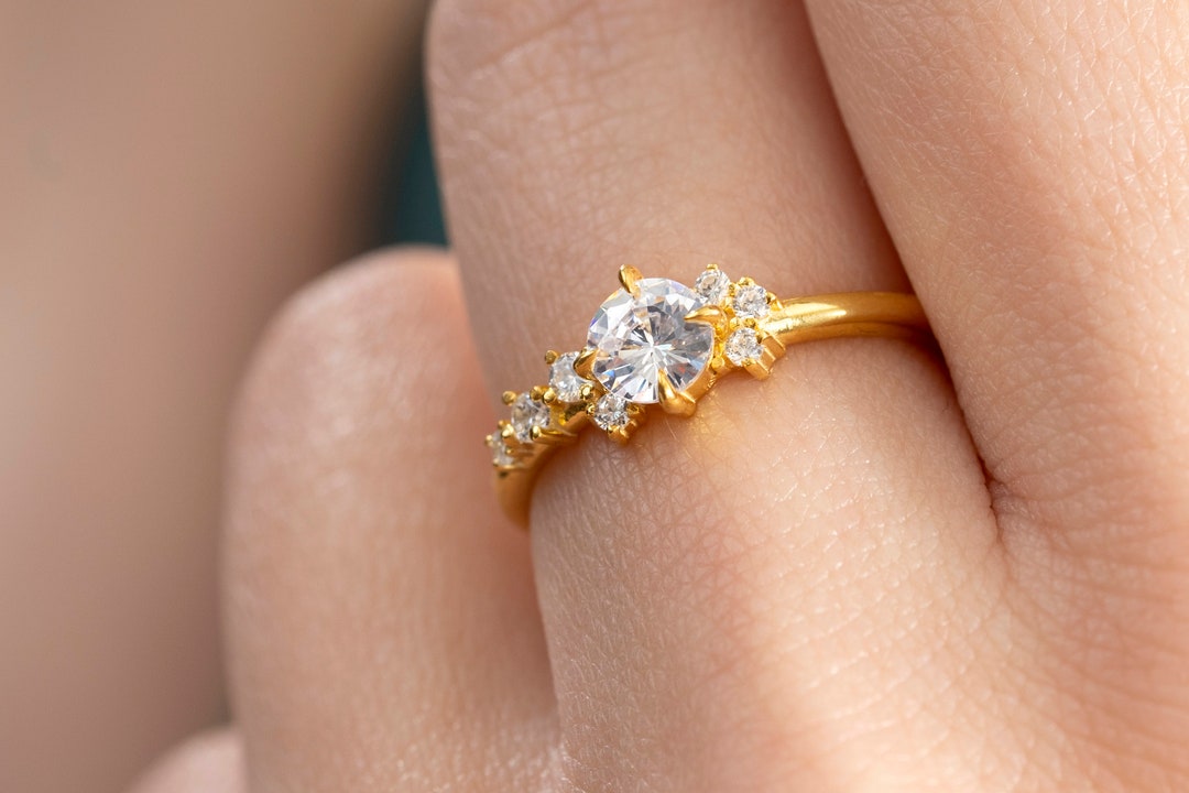 14K Gold Scattered Diamond Multi-stone Engagement Ring Asymmetric ...