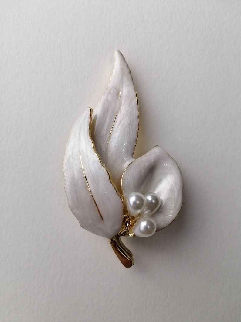 White Leaf Brooch, Vintage White Pearl Brooch, Gift for Her, Large ...