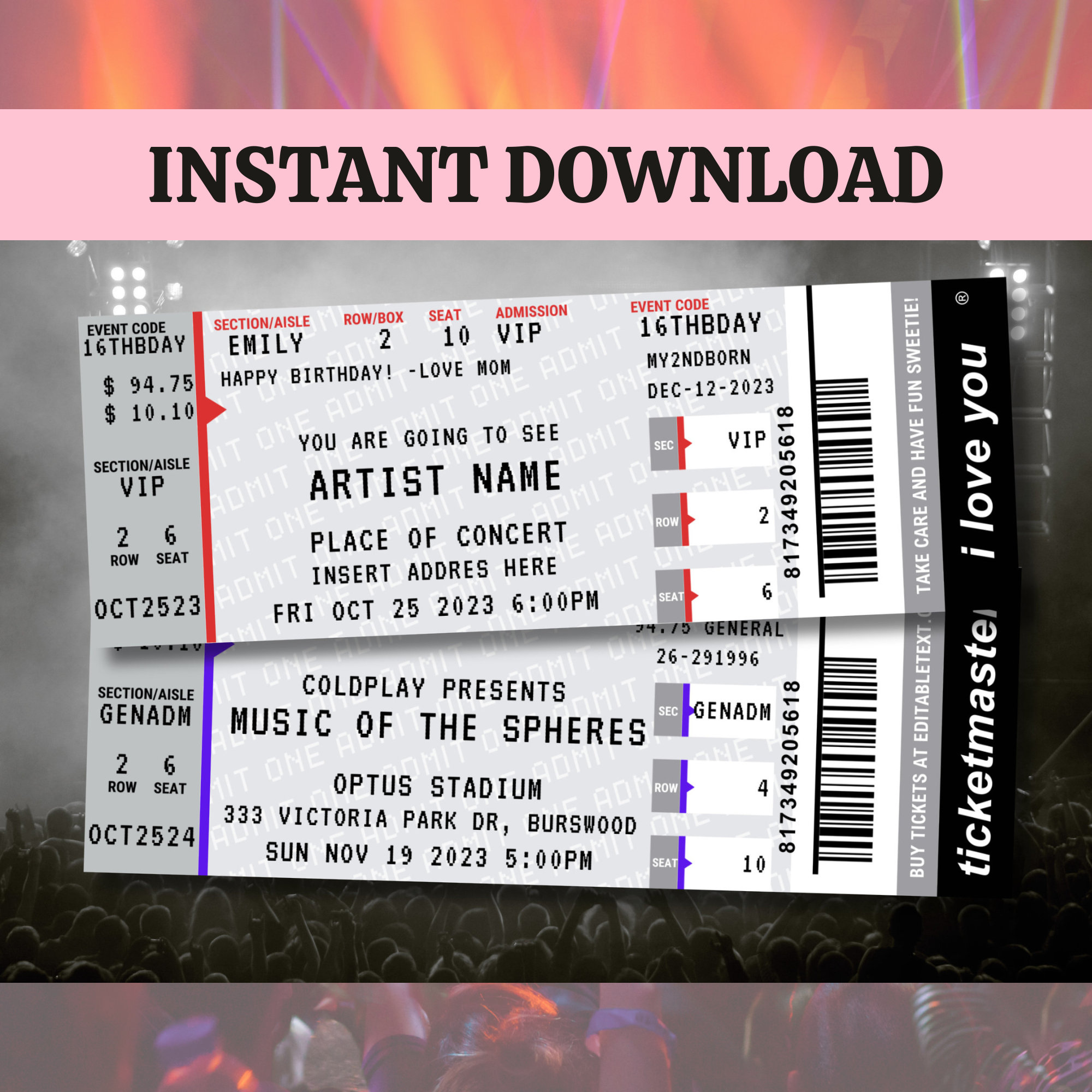 Editable Concert Ticket, Concert Ticket Template, Surprise Ticket Stub ...