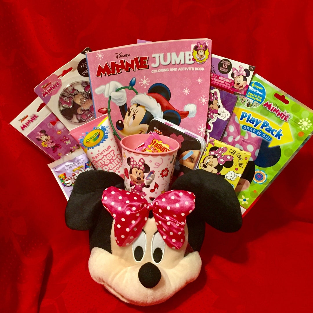 MINNIE MOUSE Gift BASKET Activity Books, Cup, Play Pack, Stickers ...