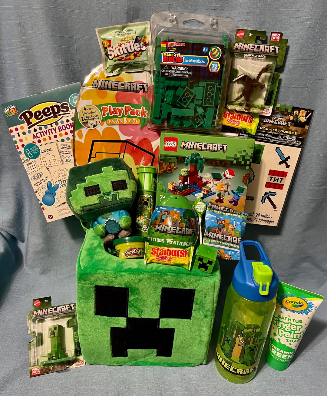 MINECRAFT GIFT BASKET: Steves Desert Legos, Plush Backpack Clip, Water ...