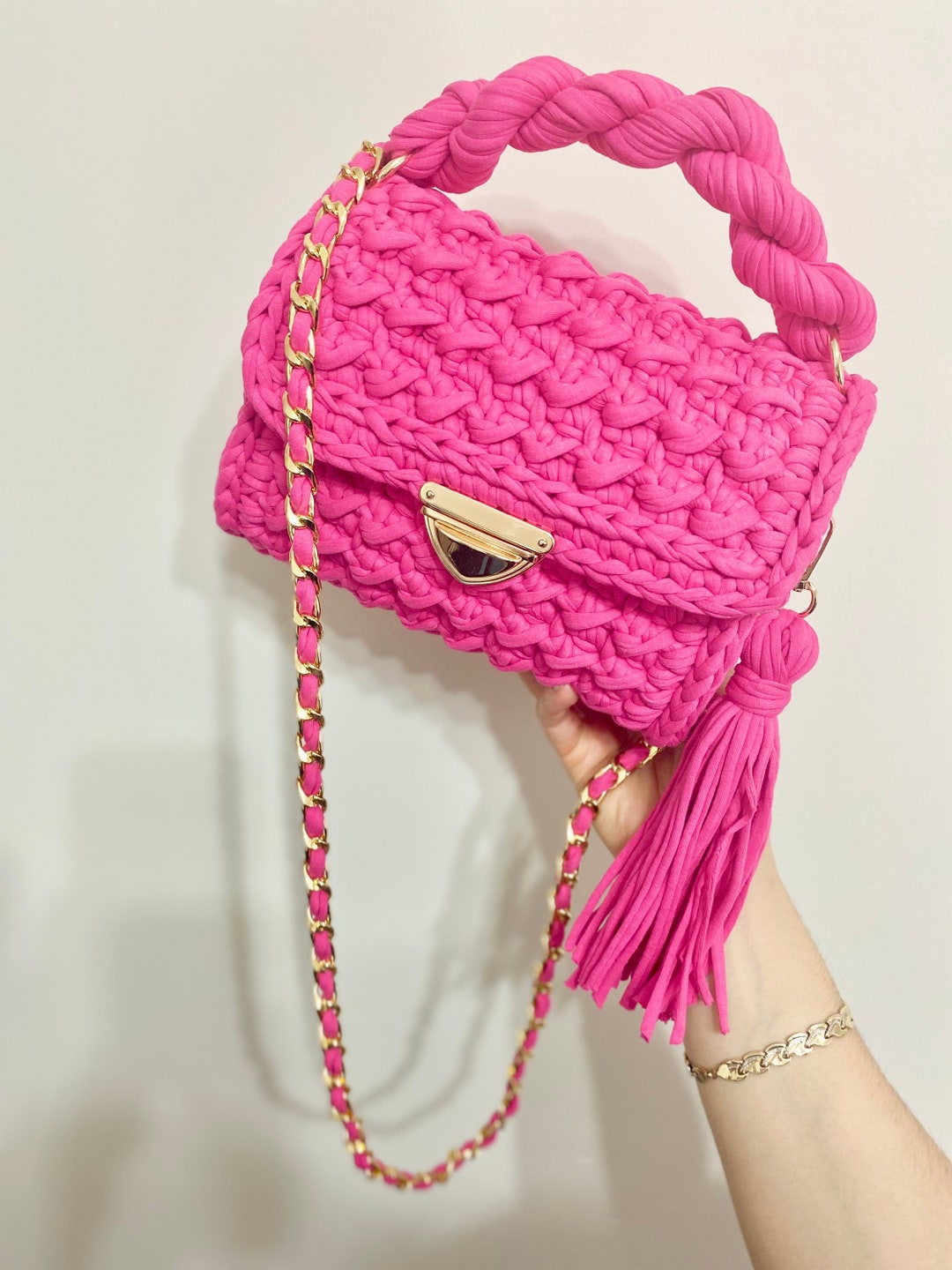 Handmade Knitted Pink Shoulder Bag With Gold Chain - Etsy