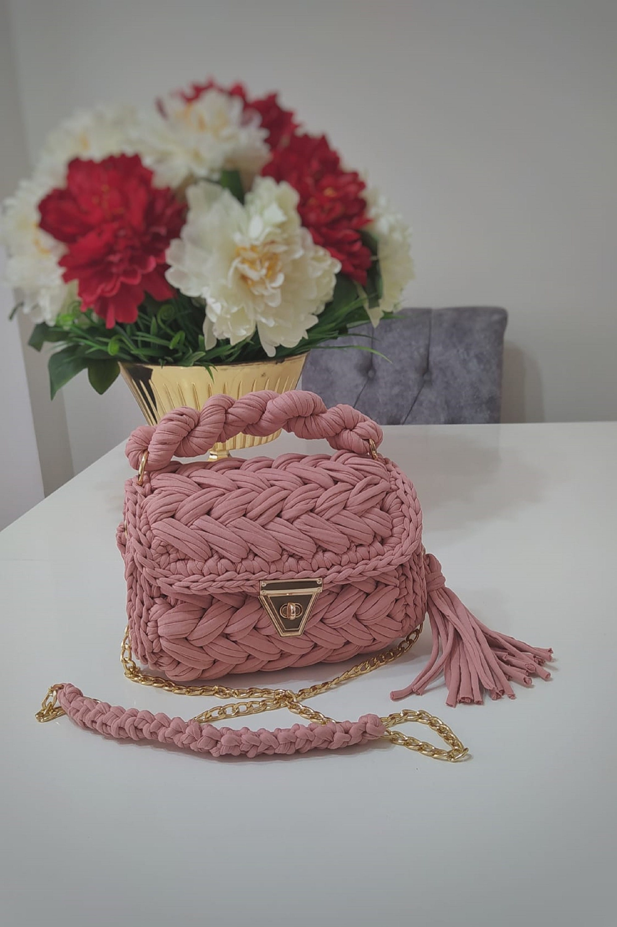 Handmade Powder Pink Bag,crochet Powder Pink Shoulder Bag,knitted ...