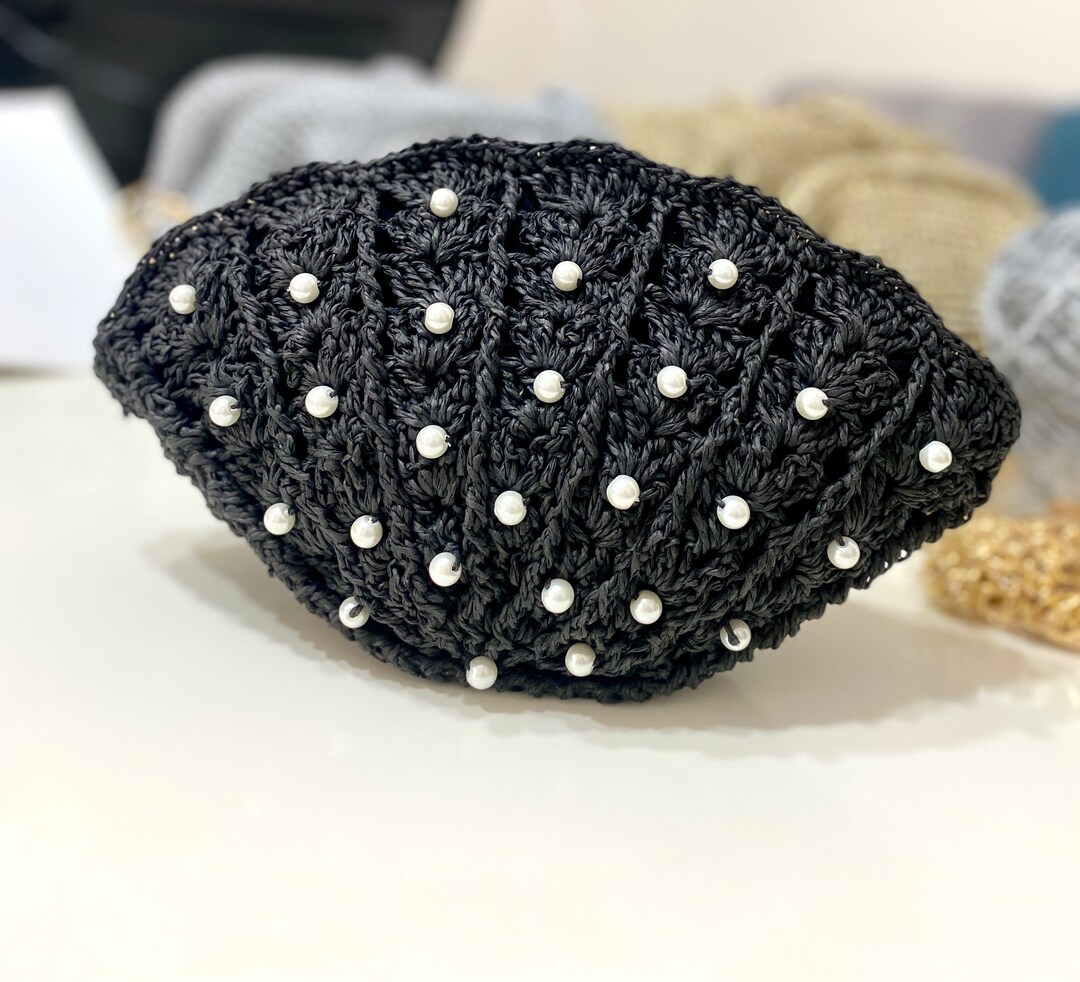 Crochet Clam Shell Clutch: Black Pearl Evening Bag - Etsy